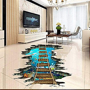 Quanhaigou 3D Floor Stickers,Sea World Fish Ocean Wooden Bridge PVC Art Wall Decal for Bathroom Living Room Nursery Bedroom Removable Decor