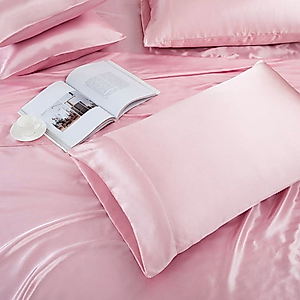 TREELY 4 Piece Satin Sheets Twin Size - Silky Smooth Pink Sheet Set With Deep Pocket, Fitted Sheet, Flat Sheet, 2 Pillowcases