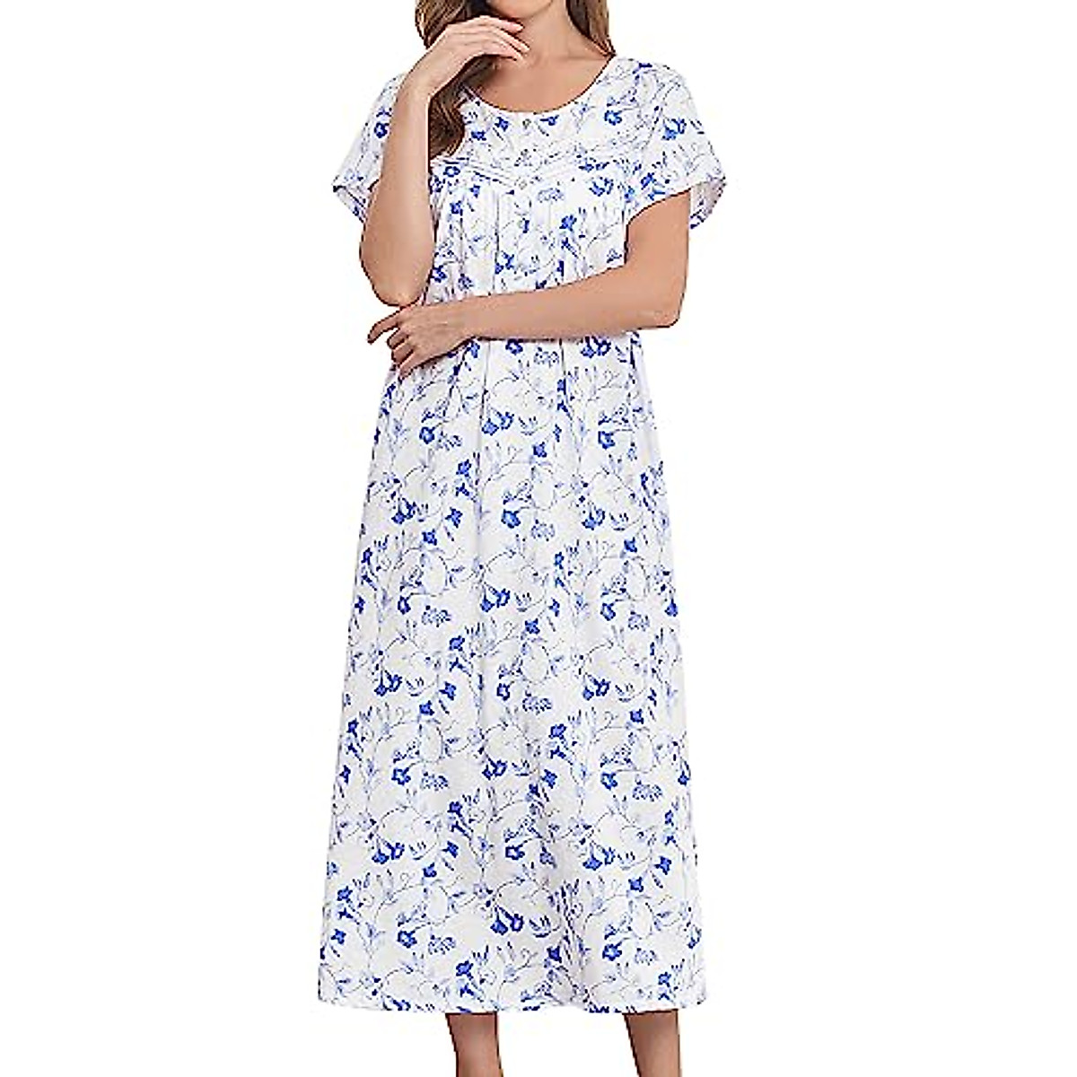 IZZY + TOBY Cotton Nightgowns for Women Soft Short Sleeve Knitted Night Gown Ladies Long Nightdress Sleepwear Blue Morning Bulls M