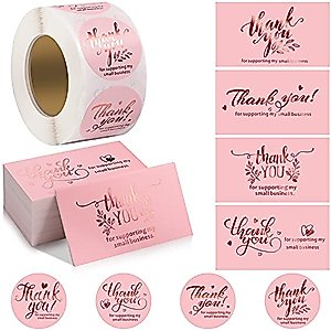 600 Pieces Thank You Cards and Stickers Set Pink Gold Foil Thank You For Supporting My Small Business Cards and Sticker Set for Retail Store Package Insert Envelope Seals Business Owner Sellers