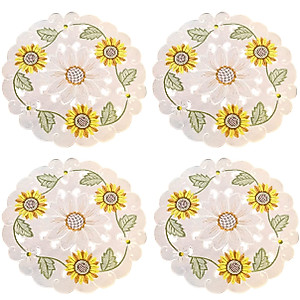 LeLehome Embroidery Sunflowers Cutwork Round Placemats, 4PCS 15" Home Kitchen Dining Autumn Summer Doily Tabletop Decoration