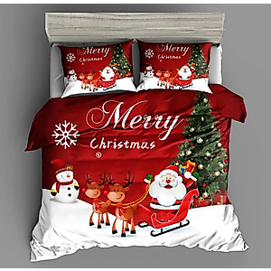 Merry Christmas Duvet Cover Queen Size, 3pc Farmhouse Santa Claus Snowman Snowflake Tree Pattern Microfiber Bedding Comforter Cover Set, 90x90 Red and White New Year Holidays Bed Sets for Women Men