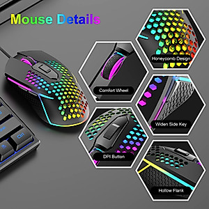 One Handed Gaming Keyboard and Mouse Combo,Rainbow Backlit 39 Keys Mechanical Feel Portable Mini Gaming Keypad+RGB Gaming Mouse+P6 LED Backlit Converter for Xbox One/Xbox 360/PS5/PS4/PS3/PC