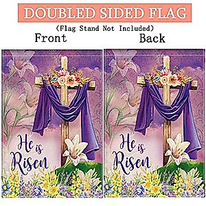 EKOREST Easter He is Risen Garden Flag 12x18 Inch Double Sided,Religious Cross He is Risen with Lily,Small Spring Yard Flag for Outside Farmhouse Seasonal Holiday Outdoor Decor