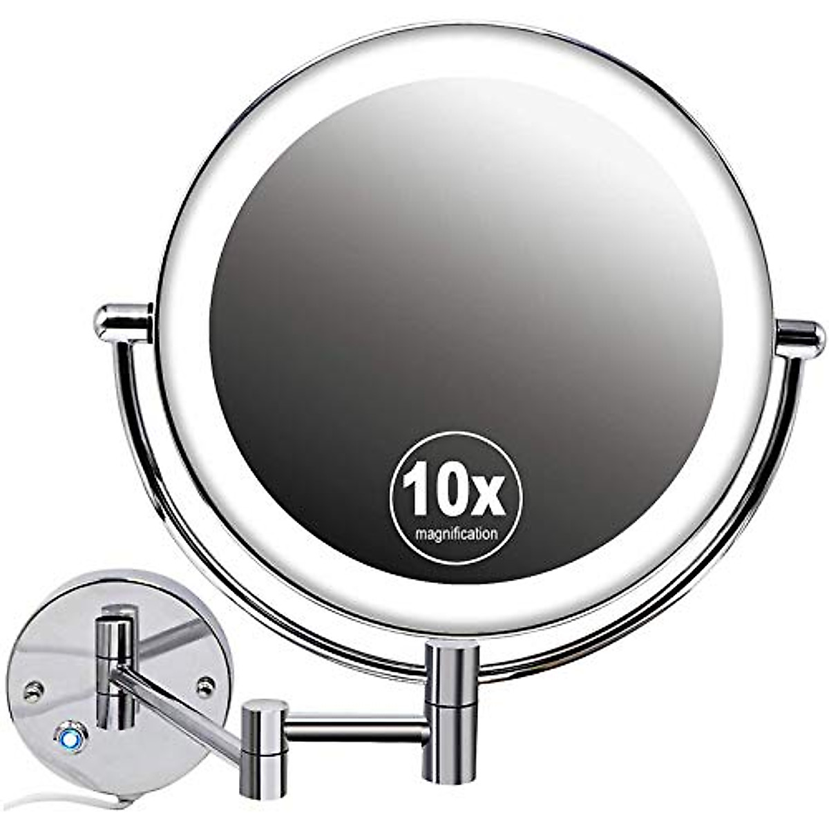Jolitac 8.5 Inch LED Makeup Mirror Wall Mount, 10X/1X Magnification Chrome Personal Make Up Mirror Round Shaped, Double-Sided Swivel Vanity Mirror Touch Button Adjustable Light for Bathroom