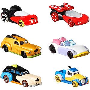 Hot Wheels Mattel Disney Toy Cars 6-Pack, Set of 6 Character Vehicles in Collectable Packaging: Mickey, Minnie, Pluto, Daisy, Donald & Goofy