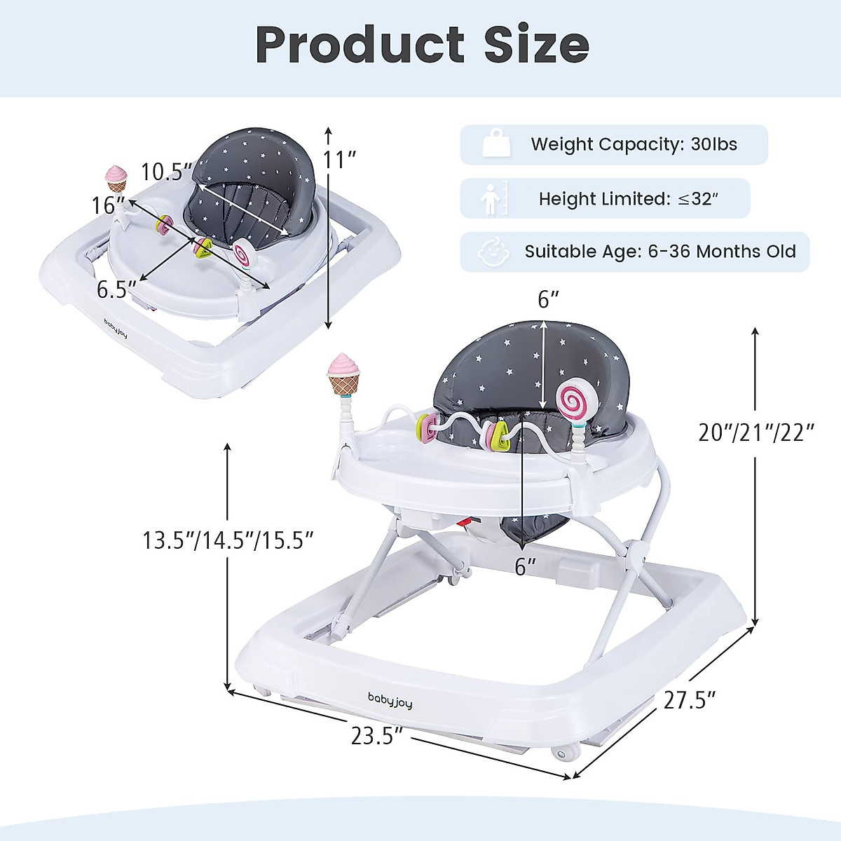 BABY JOY Baby Walker, Foldable Activity Walker Helper with Adjustable Height, Baby Activity Walker with High Back Padded Seat & Bear Toys (Gray, Star Pattern)