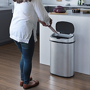 iTouchless 13 Gallon SensorCan Kitchen Trash Can with Odor Filter, Stainless Steel, Oval Shape, Sensor-Activated Lid Garbage Bin for Home, Office, Slim Space-Saving, Battery & AC Adapter not included