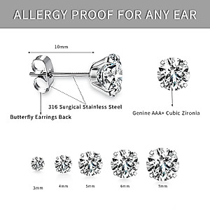 5 Pairs Stud Earrings Set 316 Stainless Steel Earrings,Hypoallergenic Cubic Zirconia Surgical Steel Earrings for Woman Man Girls(3-7mm)
