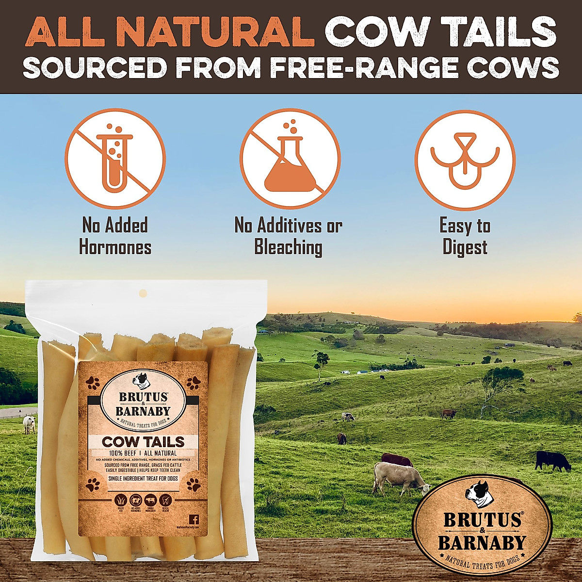 BRUTUS & BARNABY 100% Natural Cow Tails Dog Treat - Our Healthy Cow Tails for Dogs are Easy to Digest, Chemical & Hormone Free - Thick & Hearty Chew, Great Rawhide Alternative for Small Or Large Dogs