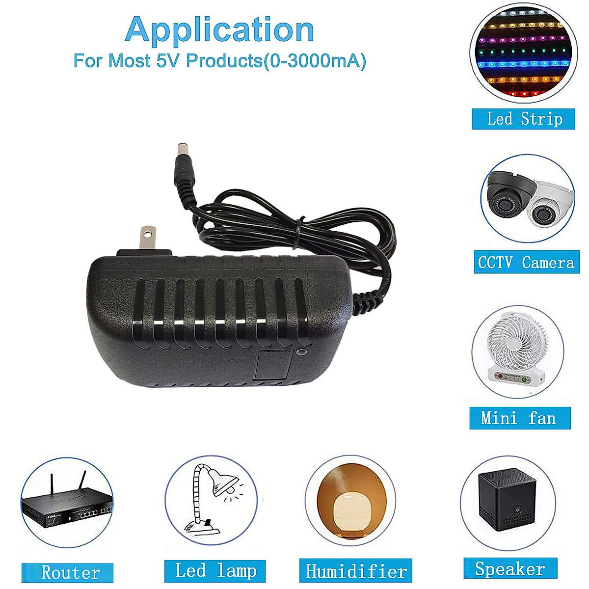 AC to DC Adapter 5V 3A Power Supply with 5, 5mm x 2, 1mm Plug Connector for Strip Light, Wireless Router, Security System , Switches, CCTV Cameras, Black, 8CM*5CM*3.3CM