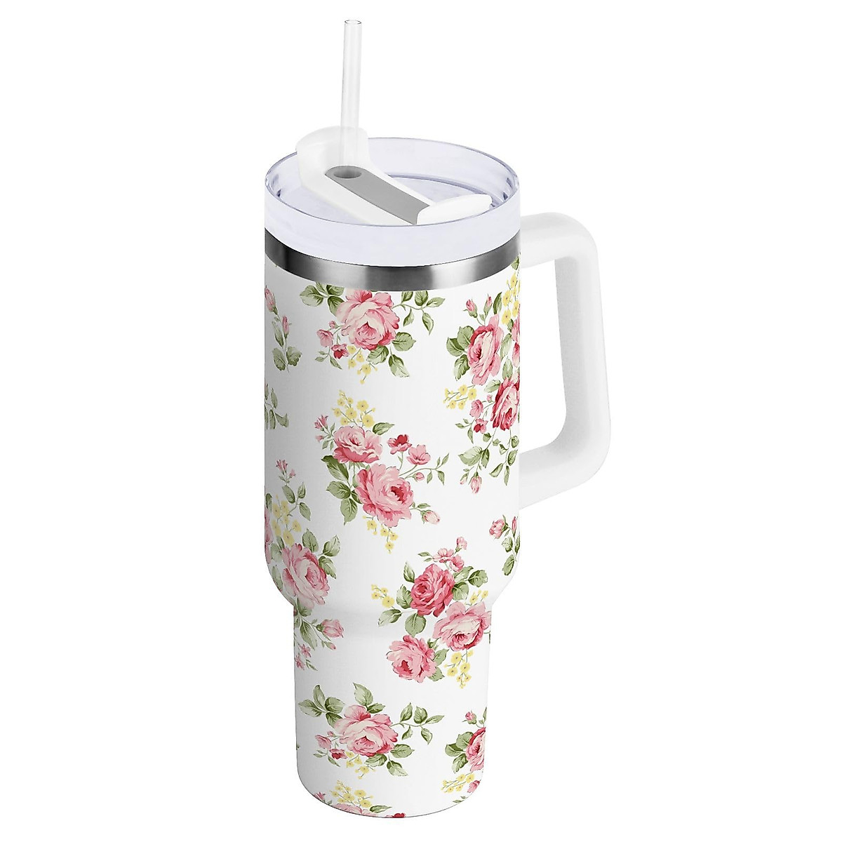 Joisal Rose Flower Floral Coffee Tumbler 40 Oz Coffee Cups with Handle and Straw Lid