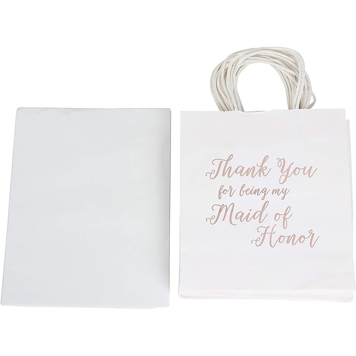 Juvale 11 Bridesmaid and 1 Maid of Honor Thank You Paper Gift Bag, Rose Gold Foil Text, Includes 20 Sheets of Tissue Paper, Perfect for Bridal Party Favors, White, 9 x 8 x 4 Inches