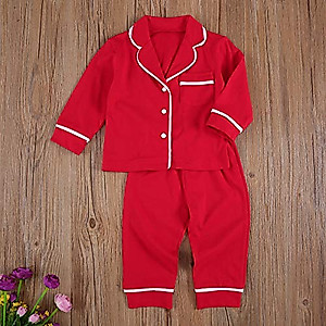 Toddler Baby Button-Down Pajamas Set, Cotton 2-PCS-PJs Set Shirt and Pants Sleepwear for Unisex Kids (Red,18-24 Months)
