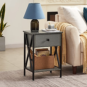 VECELO Nightstands Set of 2, Modern Bedside End Tables, Night Stands with Drawer and Storage Shelf for Living Room Bedroom, Industrial Metal Frame, Dark Gray