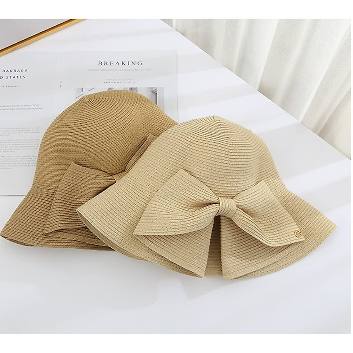 Womens Wide Brim Slit Sun Hat Bow Knot Summer Straw Sun Hats for Women (Beige)
