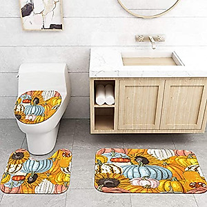ArtSocket 4 Pcs Shower Curtain Set Pumpkin Gourd Sunflower Autumn Orange Harvest Season with Non-Slip Rugs Toilet Lid Cover and Bath Mat Bathroom Decor Set 72" x 72"