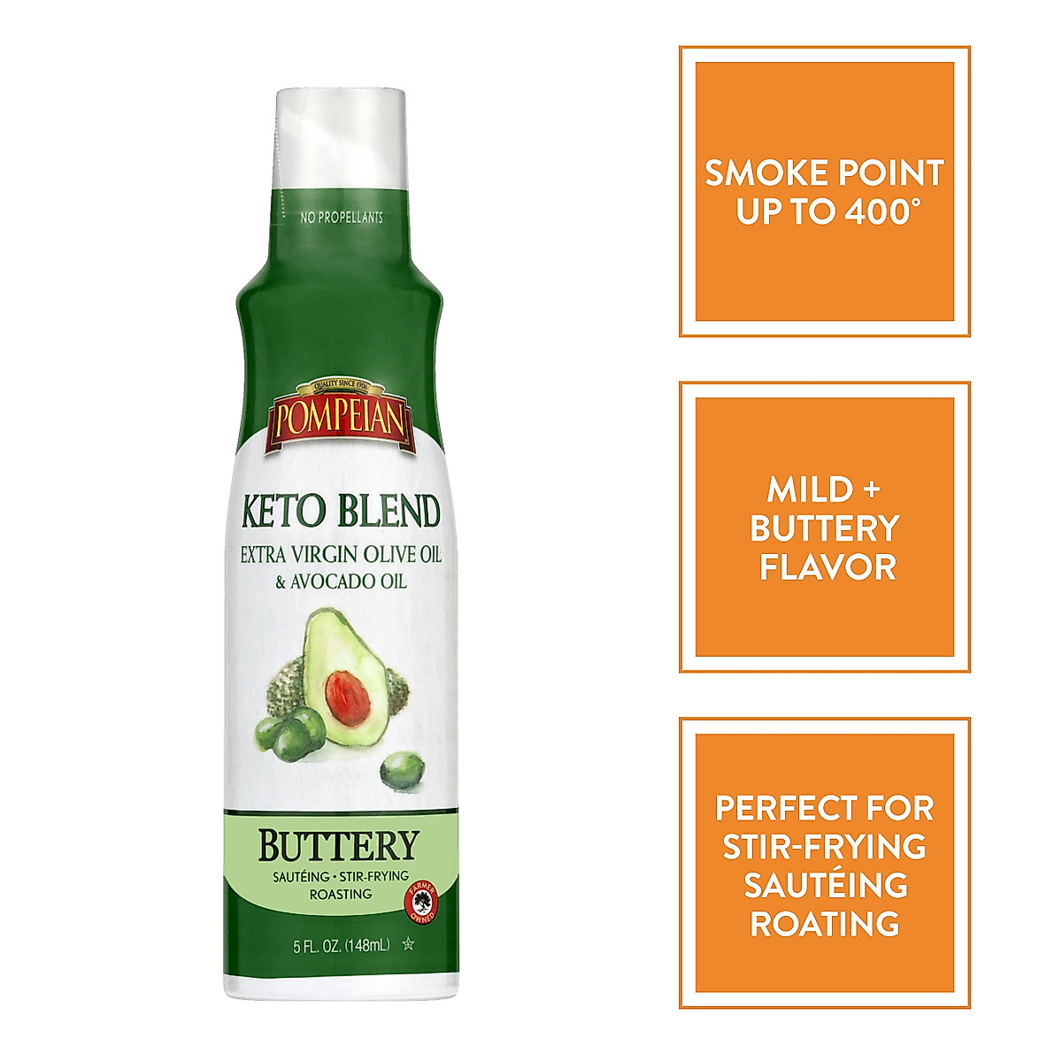 Pompeian Keto Extra Virgin Olive Oil & 100% Avocado Oil Cooking Spray, Great for Sauteing, Stir-Frying, & Roasting, Naturally Gluten-Free, Non-Allergenic, Non-GMO, No Propellants, 5 FL. OZ.(Pack of 6)
