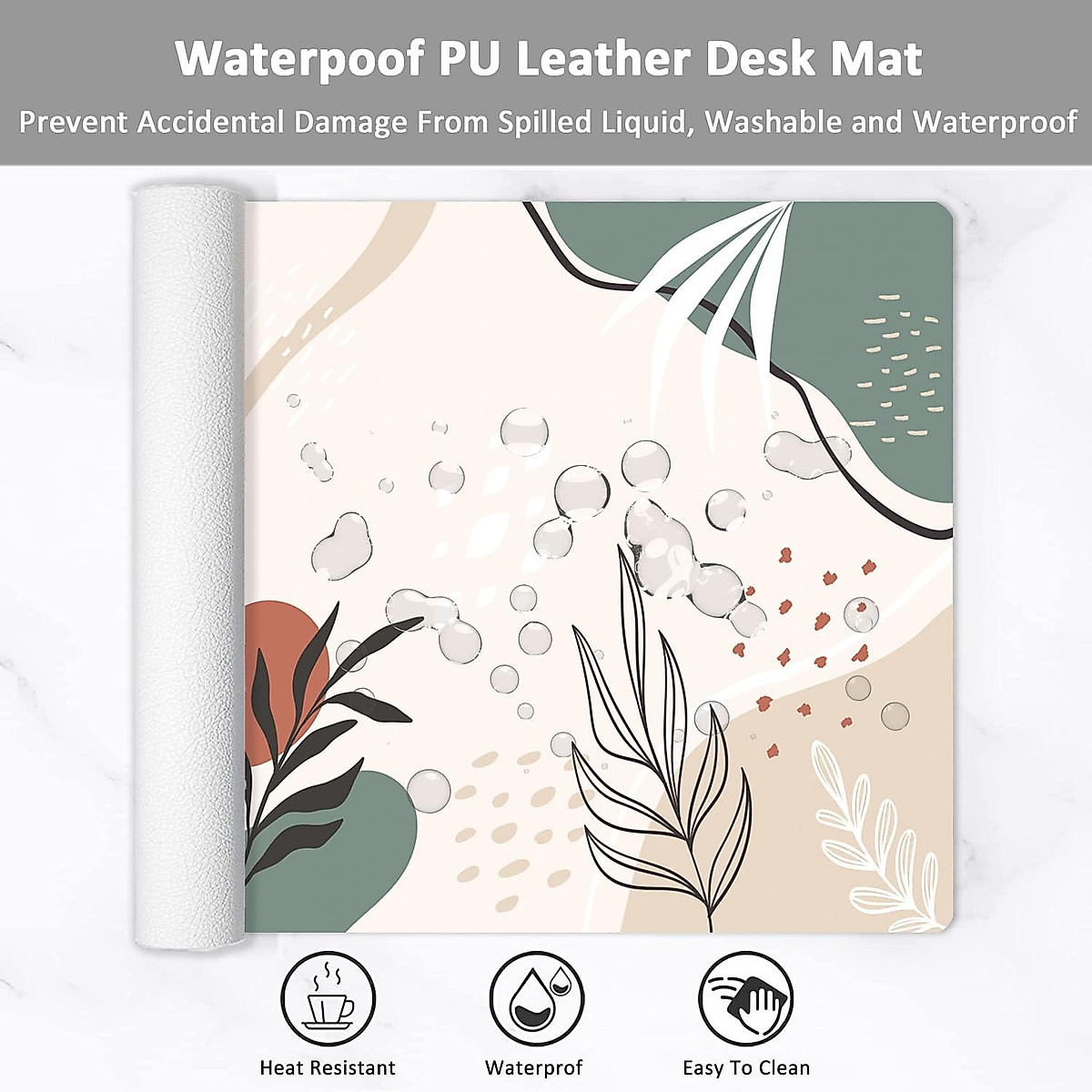 Aisakoc Desk Mat Desk Mouse Pad, Dual Side PU Leather Desk Pad for Keyboard and Mouse, 35.5''x15.8'' Large Waterproof Desk Mat for Desktop, Desk Writing Mat for Office and Home (Morandi Plant)