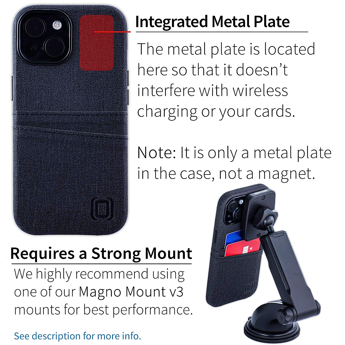 Dockem Card Case for iPhone 15 with Built-in Metal Plate for Magnetic Mounting & 2 Card Holder Pockets: Luxe M2 Wallet, Canvas Style Synthetic Leather (iPhone 15, Black)