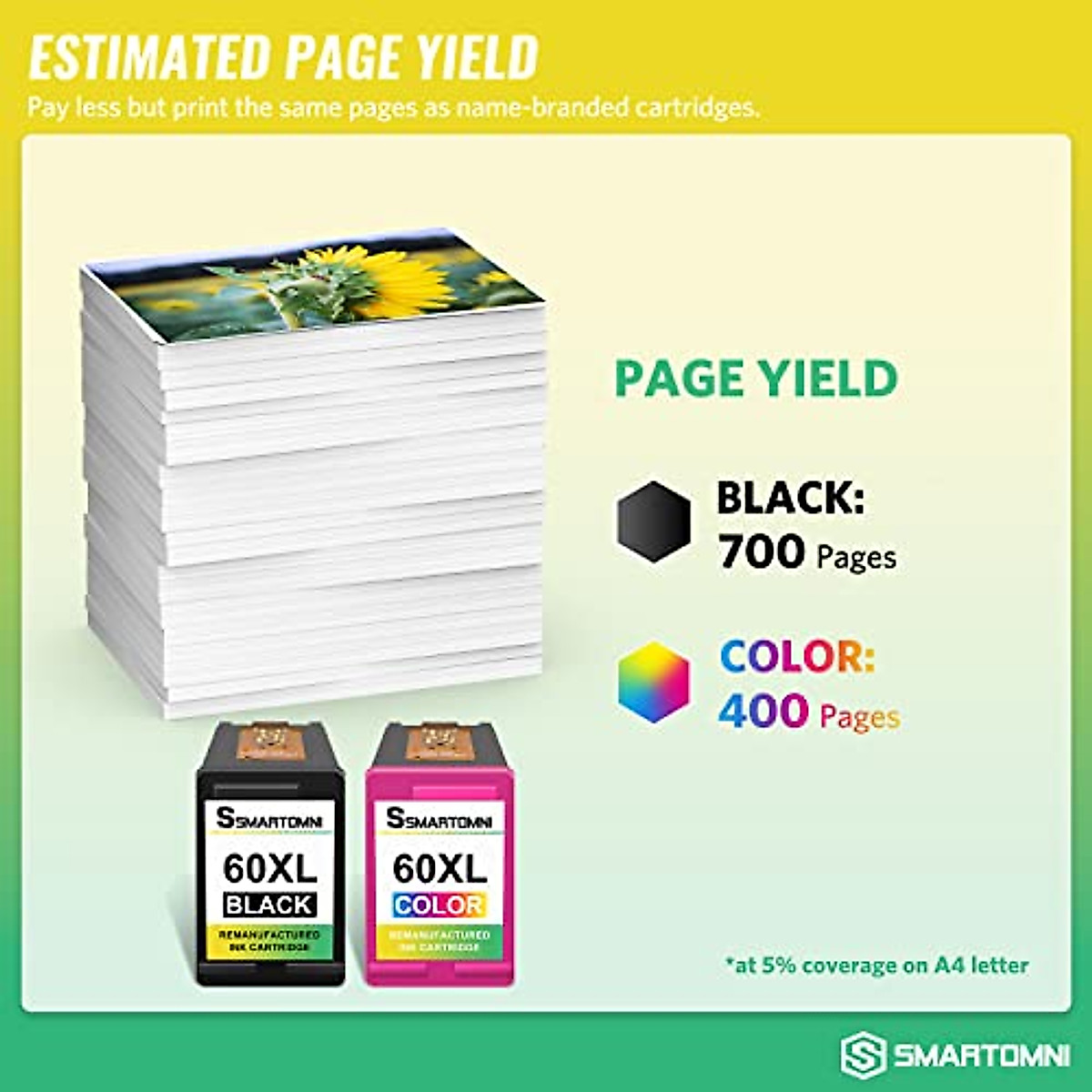 S SMARTOMNI 60XL 60 Ink Cartridge Replacement for HP 60 Combo Pack Color and Black for HP Deskjet D2500 F2430 HP Envy 100 110 120 111 Photosmart C4600 C4780 D110a (2 Pack, Black and Tri-Color)