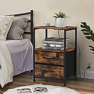 DOMYDEVM Nightstand with Charging Station, End Side Table with USB Ports and Outlets, Industrial Bedside Table with 2 Fabric Storage Drawers for Bedroom Living Room Dorm, Brown