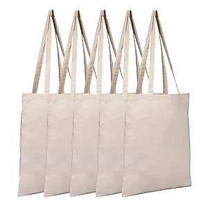 JUCOS Reusable Blank Tote Bags - 5 Pack Convenient Spacious 100% Cotton Grocery Bag With LONG Handles For Daily Essentials | 5Oz Lightweight And Eco-Friendly For Multi-Purpose Use 13X14 Inch