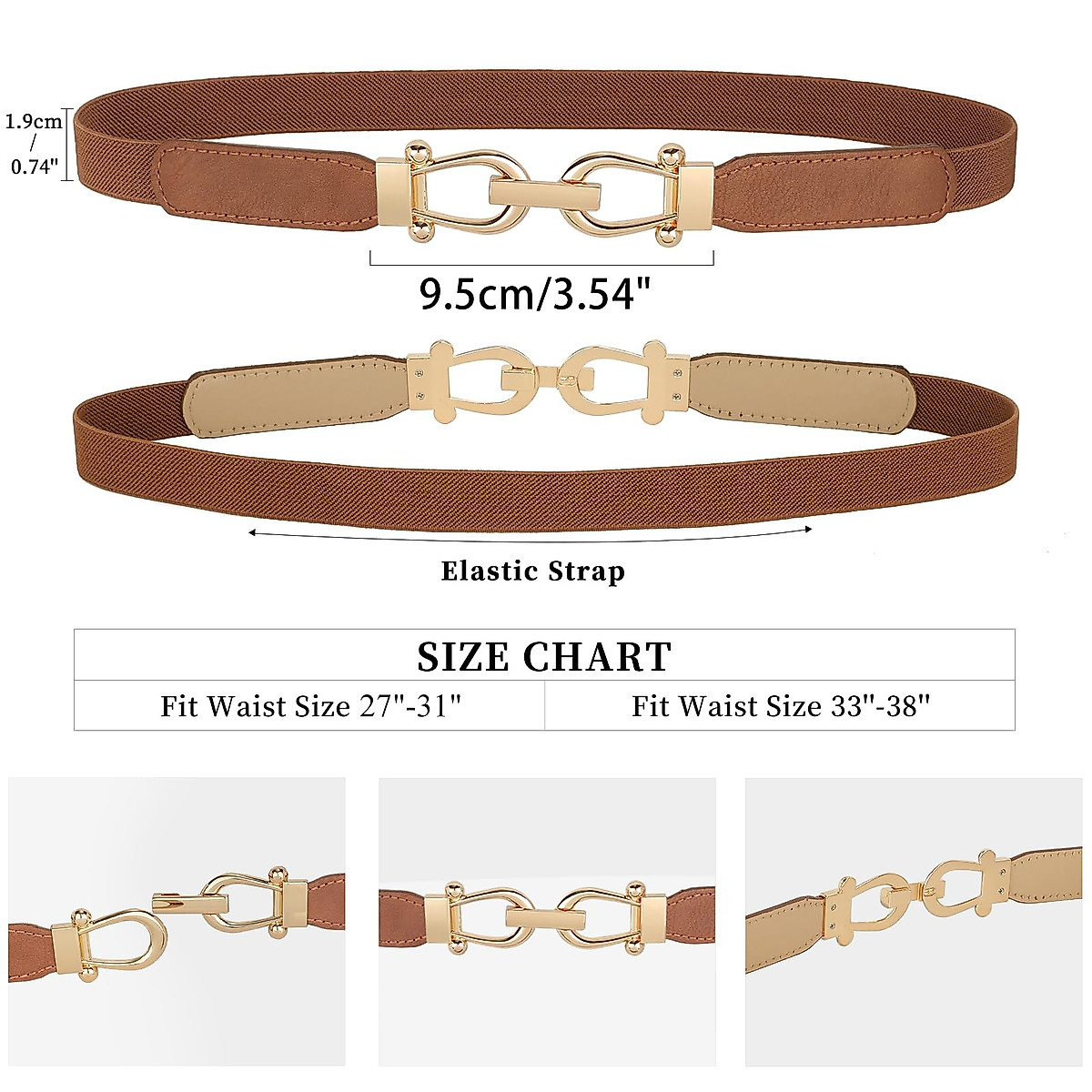 JASGOOD Women Skinny Elastic Belt for Dresses,Thin Retro Stretch Waist Belt with Golden Buckle 2 Pack,Black+Brown,Fit waist size 33-40 inch