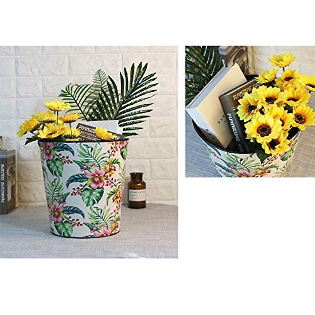 Wansan Iron and Leather Round Large Household Trash Can, Creative Can Without Lid,Suitable for Cans in Bathrooms, Kitchens, Home Offices, Bedrooms, Offices-10L Palm Tree Green Leaf 21*26cm