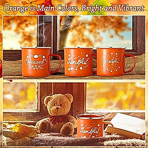 Uiifan 3 Pcs Fall Autumn Coffee Mugs 16 oz Enamel Pumpkin Mugs Cups Campfire Style Fall Mugs Grateful Thankful Tea Latte Mug for Thanksgiving Halloween Holiday Daily Supplies