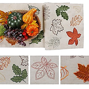 OWENIE Fall Table Runner 70 Inches Long, Embroidered Thanksgiving Table Runner for Fall, Autumn Harvest Farmhouse Linen Table Runner with Colorful Maple Leaves, 13 x 70 inches