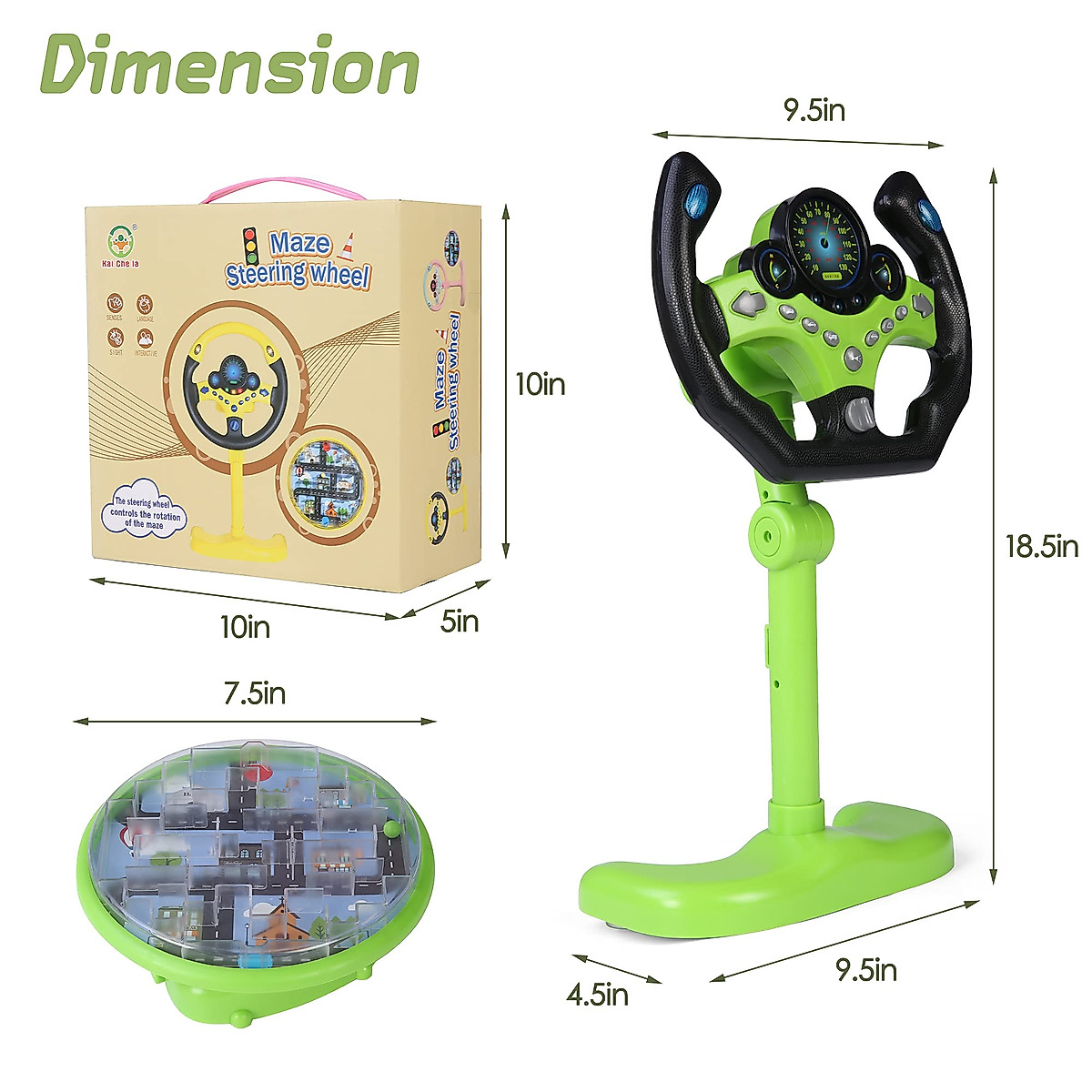 COLOR TREE Toddlers Steering Wheel Pretend Play Simulated Driving Toys with Maze and Simulation Sounds and Lights - Kids Preschool Game Toy - Green