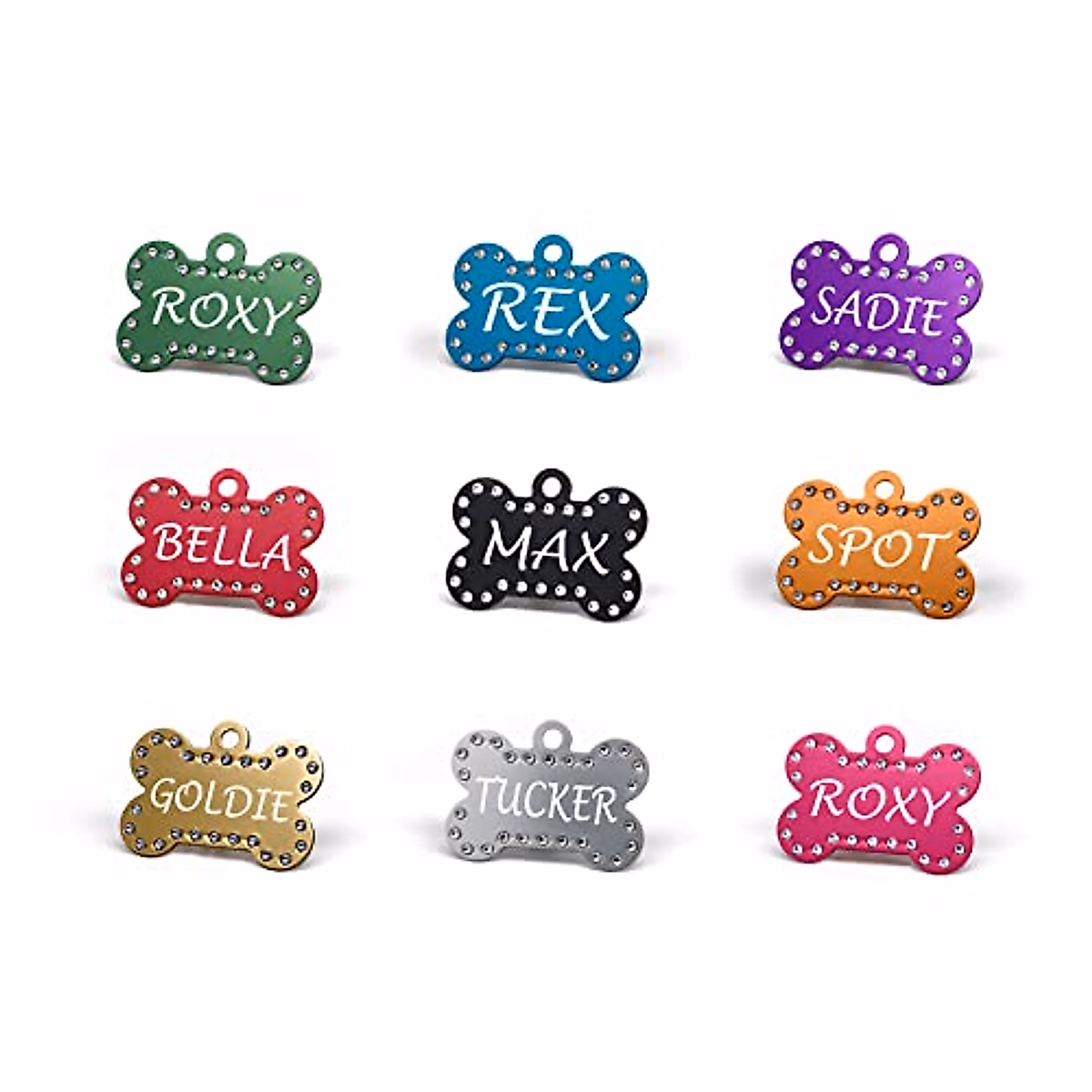 Custom Engraved Pet ID Tags with Swarovski Crystal - 1.5" Long x 1" Tall, Anodized Aluminum, Bone Shape, Pink