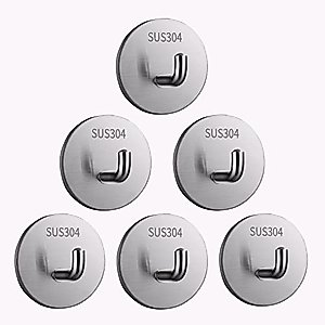 Sticky Hook Adhesive Hooks Heavy Duty for Wall Hanging 6-Pack Stainless Steel with Extra Strong Waterproof,for Towels/Keys/Hat/Clothing/Bathroom/Kitchen/Home/Office, Silver-6pack
