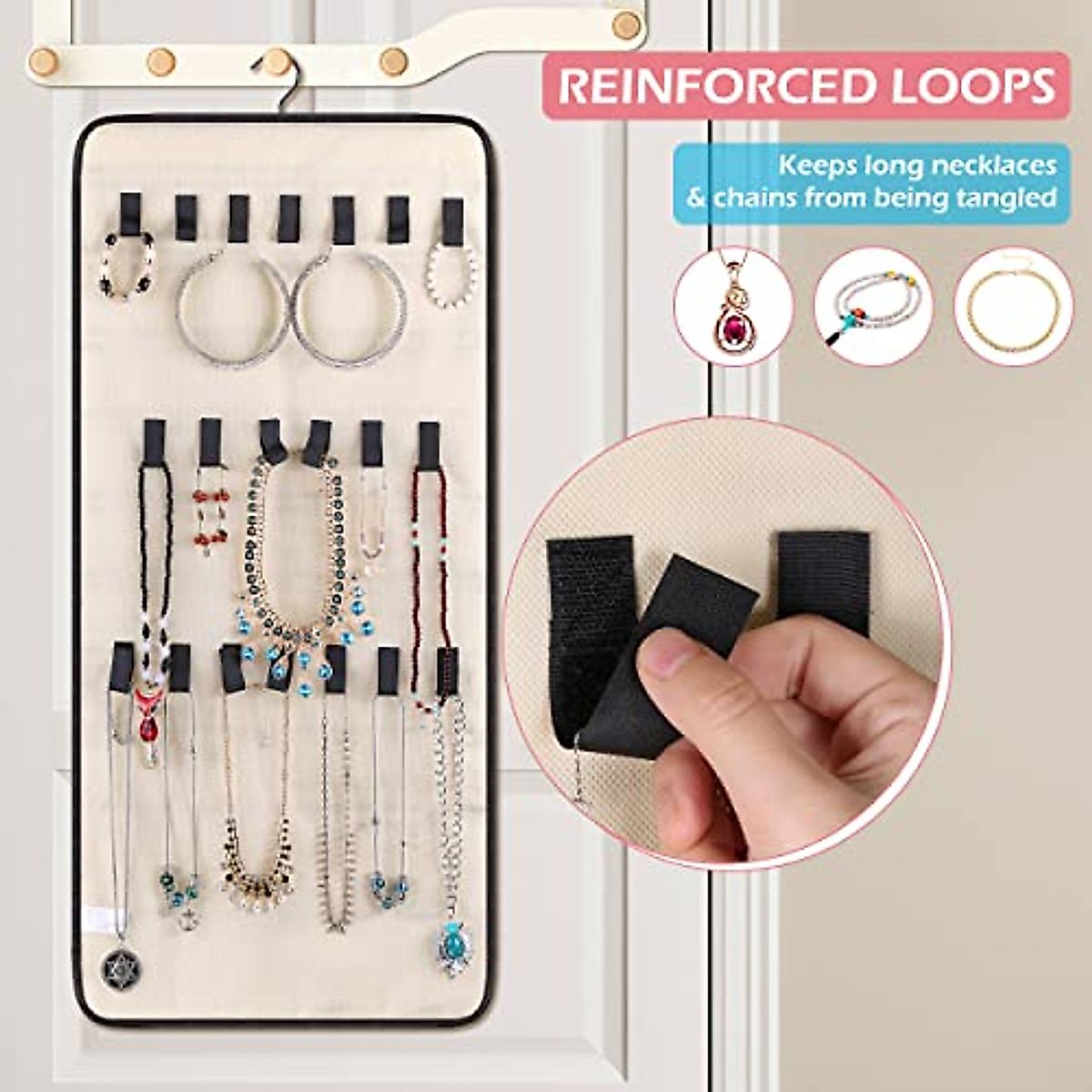 MISSLO Dual-sided Hanging Jewelry Organizer with 40 Pockets and 20 Hook & Loops Closet Necklace Holder for Earring Bracelet Ring Chain with Rotating Hanger, Beige