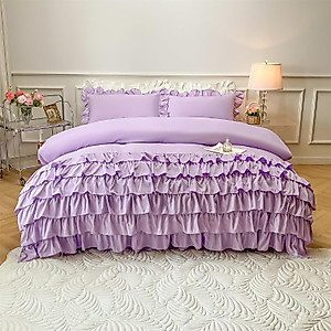 MOOWOO Girls Bedding,Waterfall Ruffle Duvet Cover -Twin 2 Piece Shabby Chic Bedding Solid Color Soft and Breathable with Zipper Closure,Corner Ties,Aesthetic Bedding-Purple,Twin