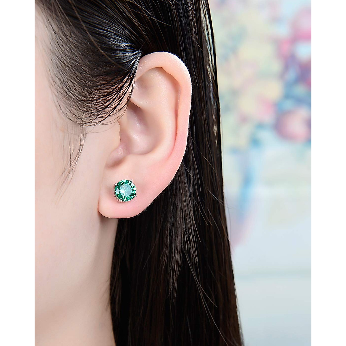 1 Pair Adabele Real 925 Sterling Silver Hypoallergenic May Birthstone Round Cut Stud Earrings 8mm CZ Green Emerald Stone Solitaire Studs Anniversary Birthday Gift SSE64