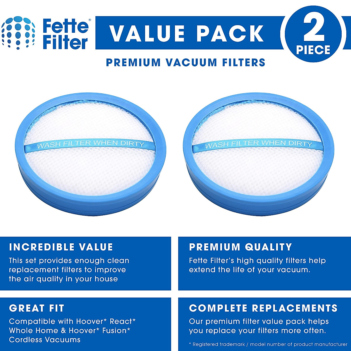 Fette Filter - Vacuum Filter Compatible with Select Hoover Vacuums. Compare to Part # 440010894 - Pack of 2