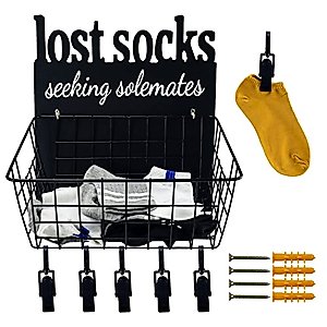 RISICULIS Lost Socks Basket, Laundry Room Decor and Accessories, Rustic Laundry Room Organization, Black Wooden Lost Socks Sign for House Decor, Missing Sock Basket with 5 pcs Clips