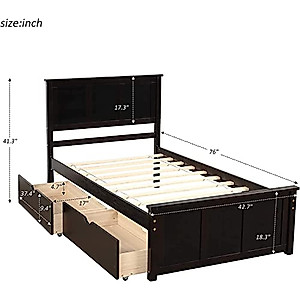 Twin Bed Frame with Drawers , Kids Twin Bed Frame, Wood Twin Platform Bed with Headboard , Twin Storage Bed ,No Box Spring Needed ,Espresso