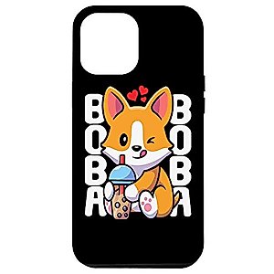 iPhone 12 Pro Max Kawaii Boba Dog Corgi Tea Drink Cute Anime Bubble Tea Heart Case
