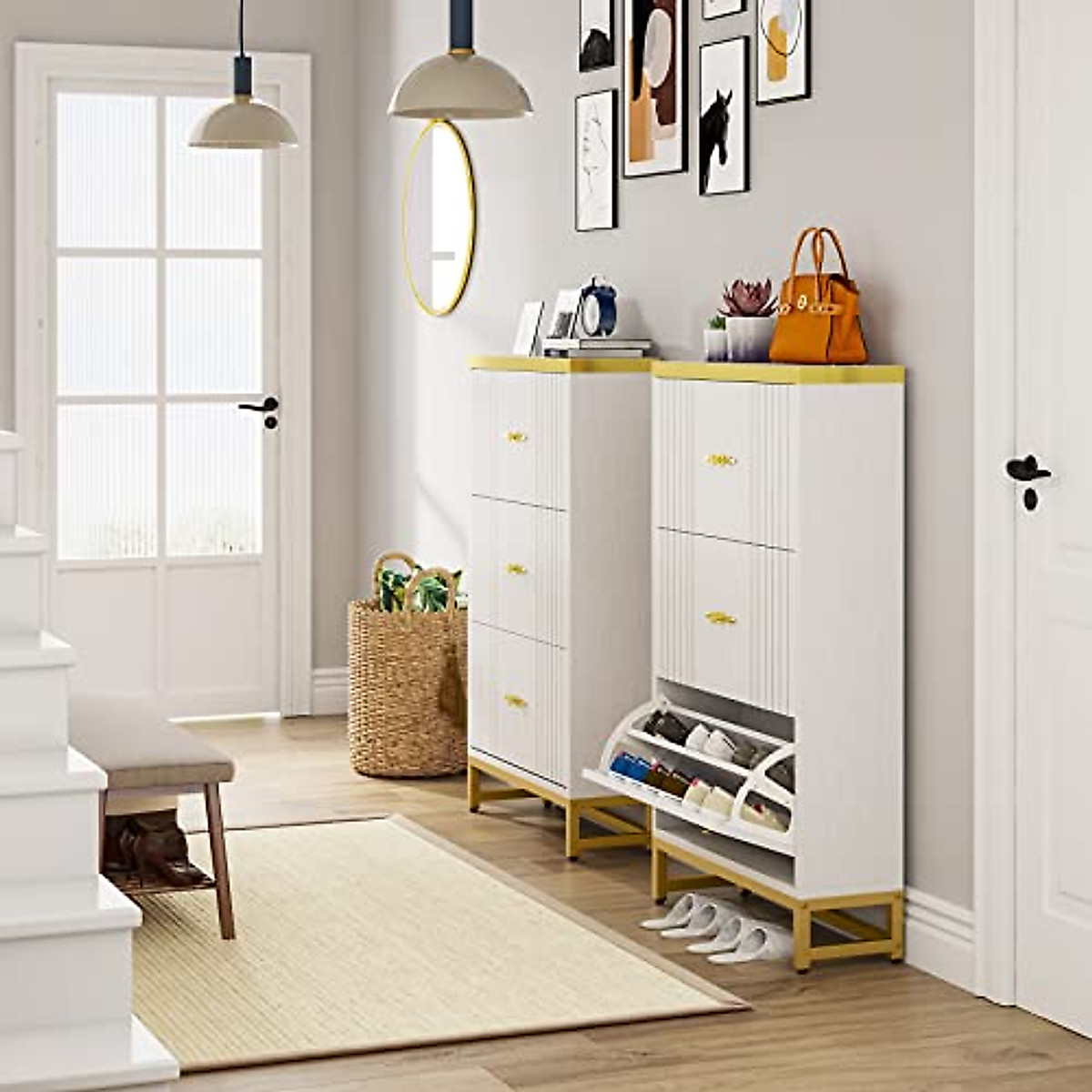 Tribesigns Shoe Cabinet with 3 Flip Drawers, Modern 18-24 Pair Shoe Rack Organizer with 2 Hanging Hooks, Freestanding Tipping Bucket Shoe Storage Cabinet for Entryway