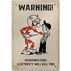 Xiddxu Remember Kids Electricity Will Kill You Warning Vintage Metal Tin Sign Retro Iron Painting Tin Signs Plaque Poster for Home Coffee Man Cave Garage Pub Wall Decor 8x12 Inch…