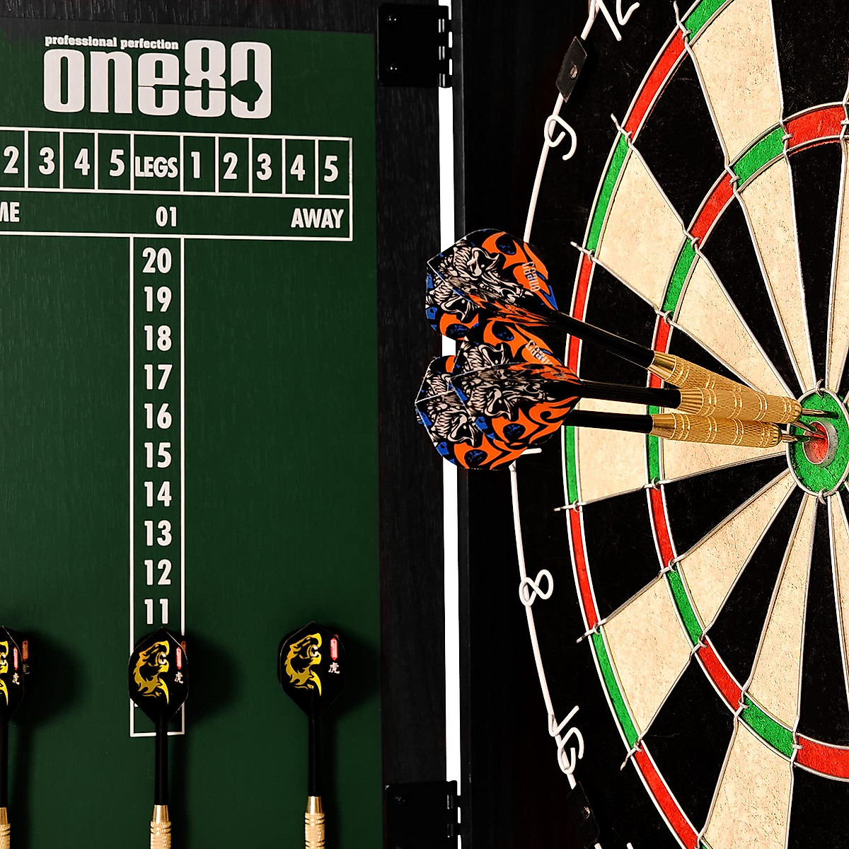 ONE80 All-in-One Dartgame Center with Self-Healing Sisal Dartboard & Multifunctional Cabinet. 12 Steeltip Darts and Mounting Kit Included (Paper Dartboard Cabinet Set)