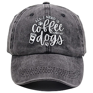 All I Need Is Coffee and My Dogs Hat, Dog Dad & Mom Baseball Cap, Coffee Life Adjustable Embroidered Distressed Denim (Embroidered Black, One Size)