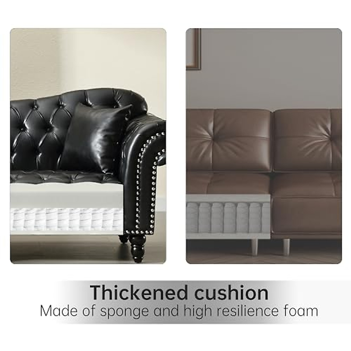 Morden Fort Chesterfield Sofa Faux Leather Loveseat, Luxurious 69" W Tufted Upholstered Loveseat Faux Leather Couch Furniture with Pillows, Wooden Leg for Living Room, Bedroom (Black)