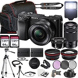 Sony a6100 Mirrorless Camera w/E PZ 16-50mm f/3.5-5.6 OSS Lens + E 55-210mm f/4.5-6.3 OSS Lens + 2X 64GB Memory + Case + Filters + Tripod & More (35pc Bundle)