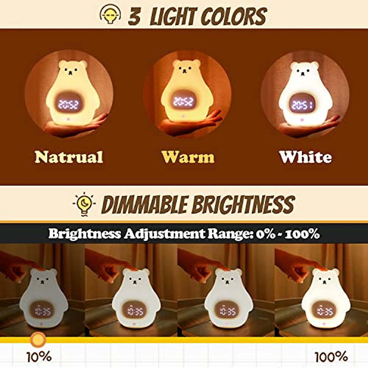 JROSING Bear Night Light, Cute Kids Alarm Clock, Soft BPA-Free Silicone Portable Nursery Lamp, Children USB Rechargeable Nightlight for Girls Boys Toddler Birthday Gifts Bedroom Room Decor