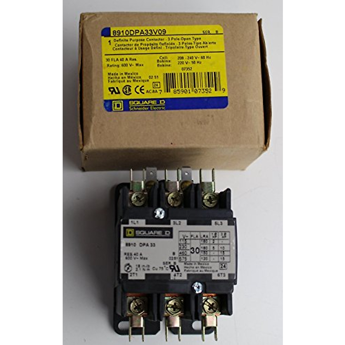 SCHNEIDER ELECTRIC 8910DPA33V09 Contactor 600-Vac 30-Amp Dpa Plus Options Electrical Box, Black