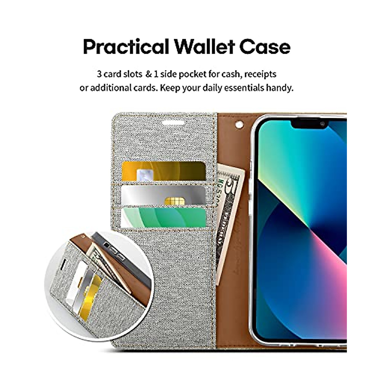 GOOSPERY Canvas Wallet Designed for Apple iPhone 13 Wallet Case, Stylish Denim Fabric Design [3 Card Slots & 1 Side Cash Pocket] [Standing Feature] Card Holder Flip Phone Cover - Gray